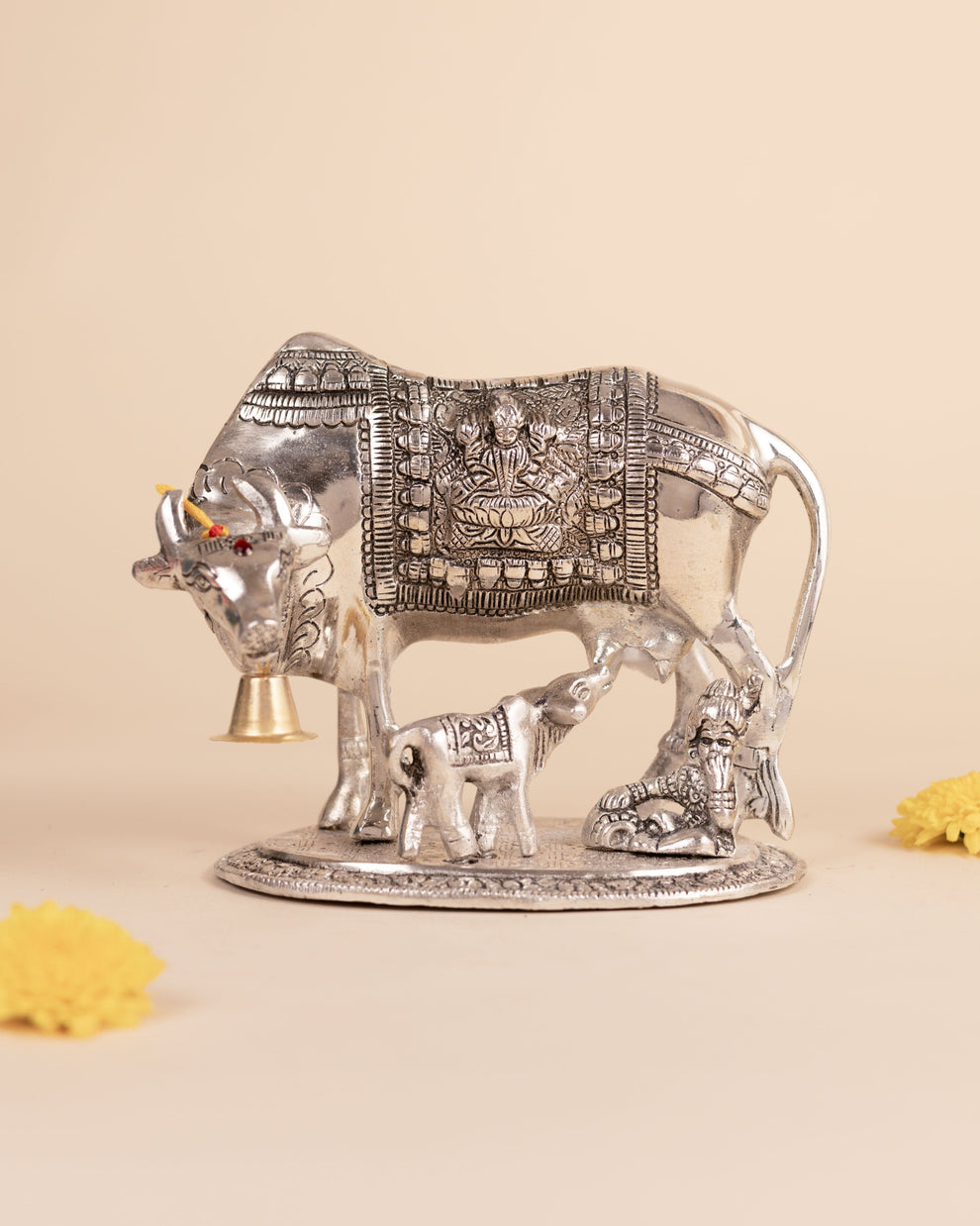 German Silver Kamdhenu Cow & Calf with Baby Krishna – Rutvi